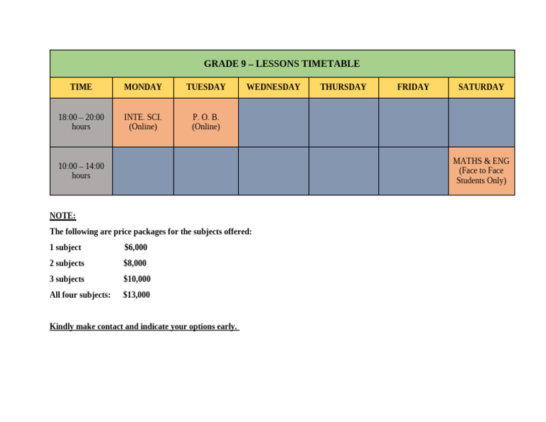 Grade 9 Lessons Timetable | PDF