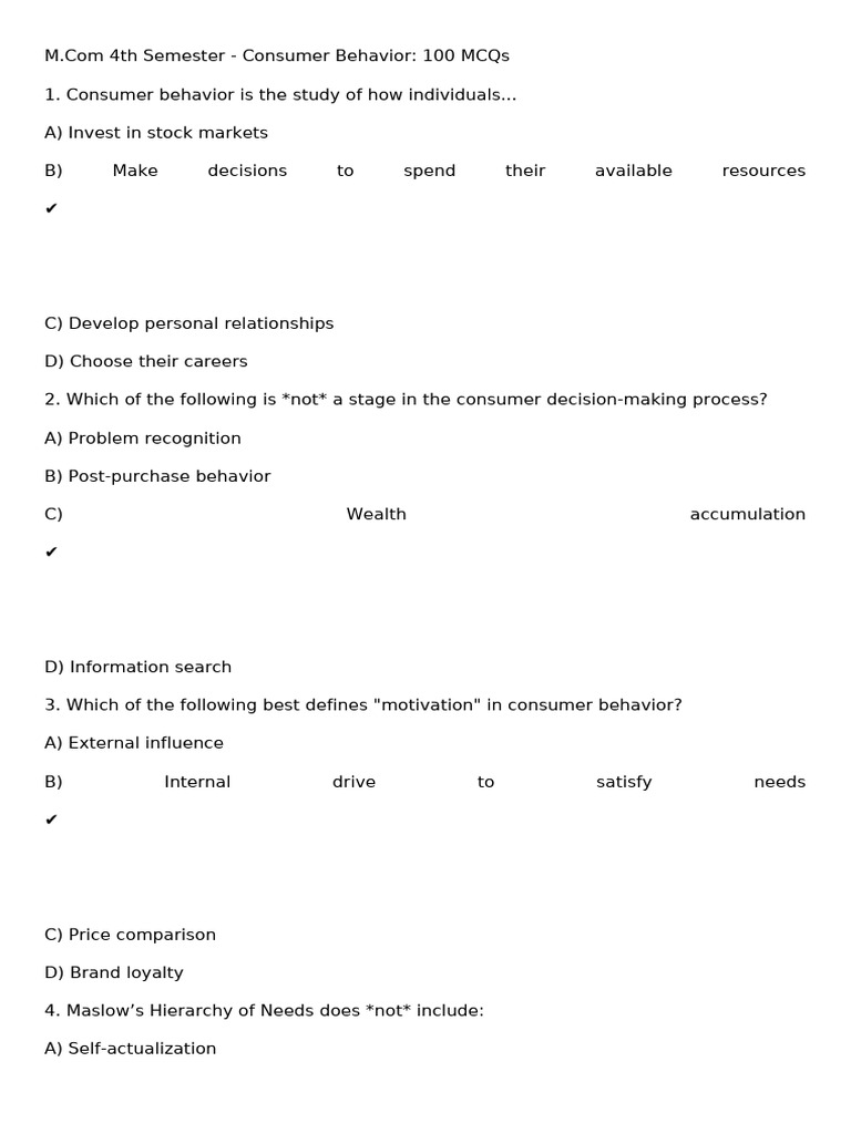 M.Com Consumer Behavior MCQs Guide | PDF | Marketing | Cognitive Science