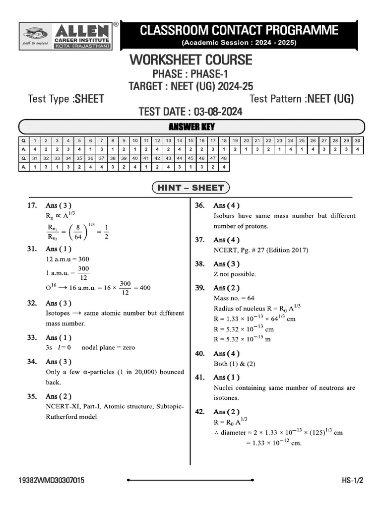 0308 CSN Worksheet-1 Neet Atomic Structure 19382wmd30307015 Ans. & Sol ...