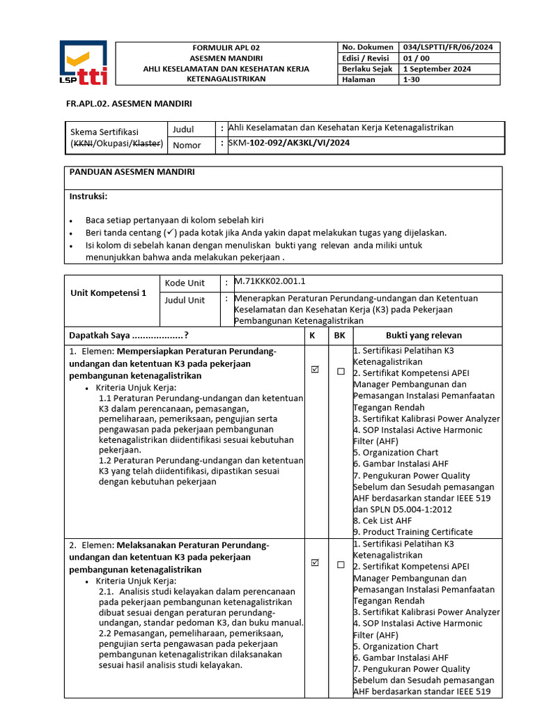 FR - APL 02. Asesmen Mandiri - Contoh | PDF