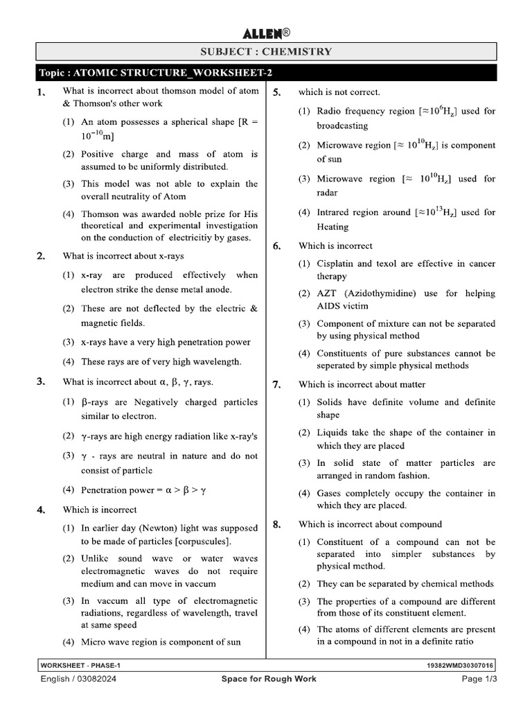 0308 CSN Worksheet-2 Neet Atomic Structure 19382wmd30307016 | PDF