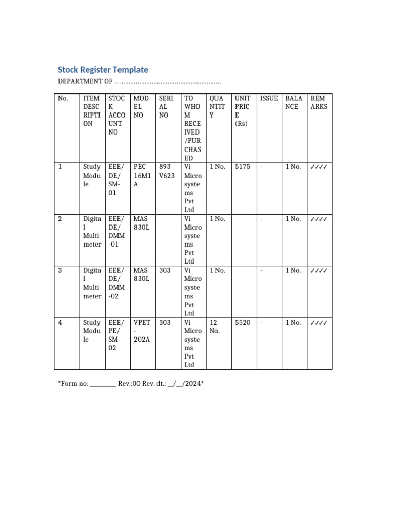 Stock Register Template | PDF