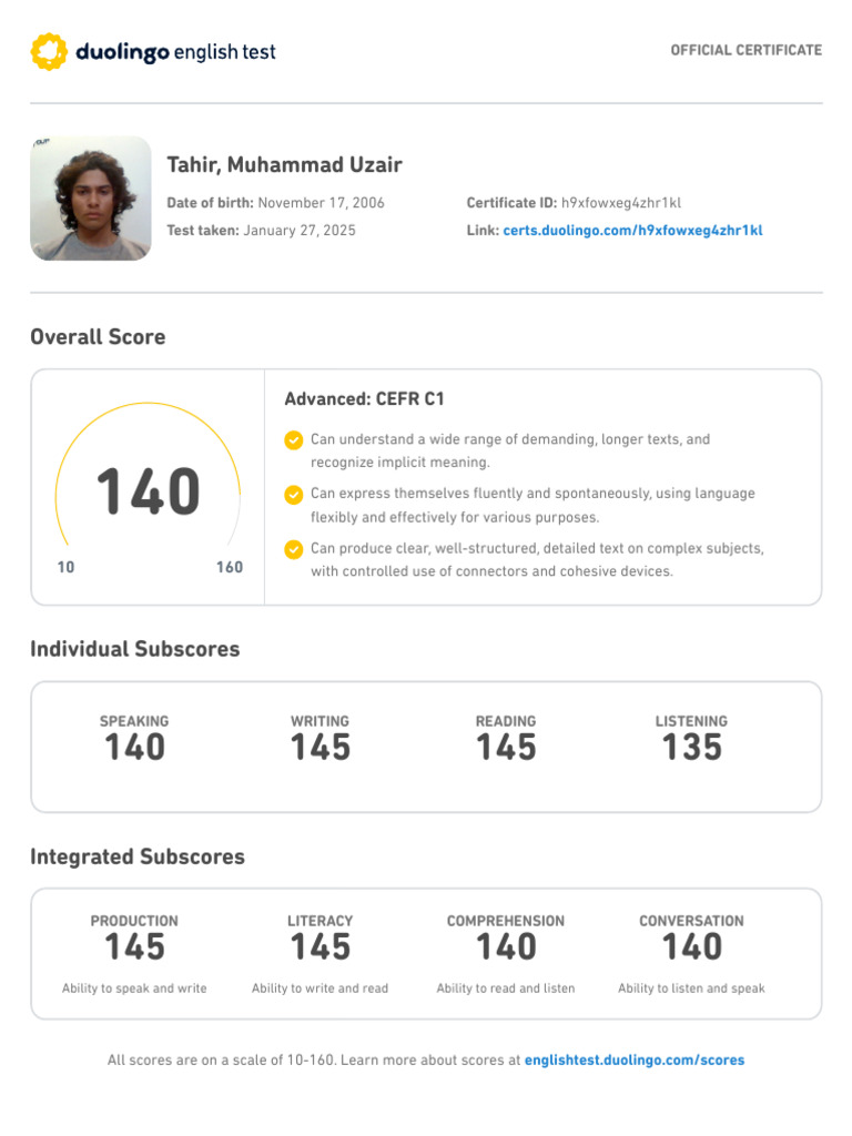 Duolingo English Test Certificate 2025 | PDF