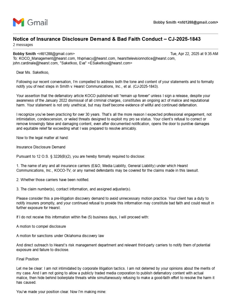 Gmail - Notice of Insurance Disclosure Demand & Bad Faith Conduct - CJ ...
