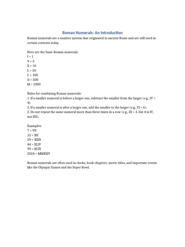 Roman Numerals Introduction | PDF