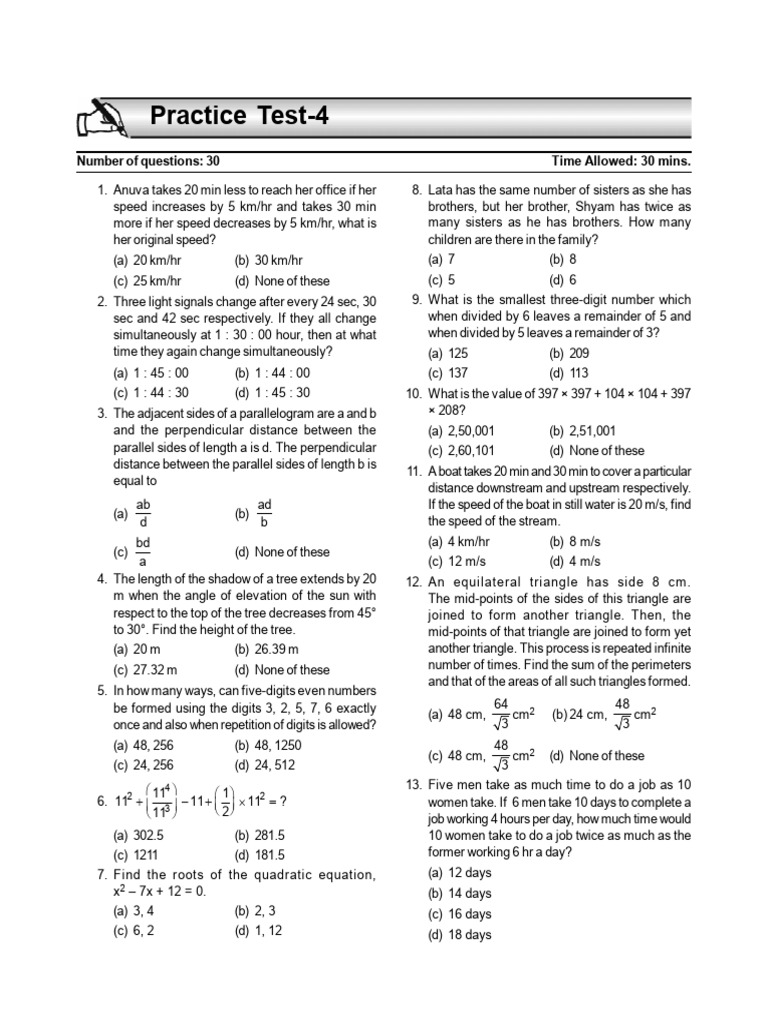 Quantitative Aptitude Practice Paper 4 | PDF | Area | Triangle