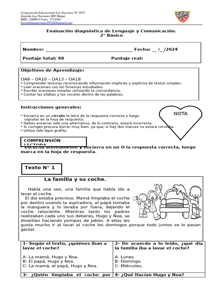 Eval. Diagnóstica Lenguaje 2º - Marzo 2024 | PDF