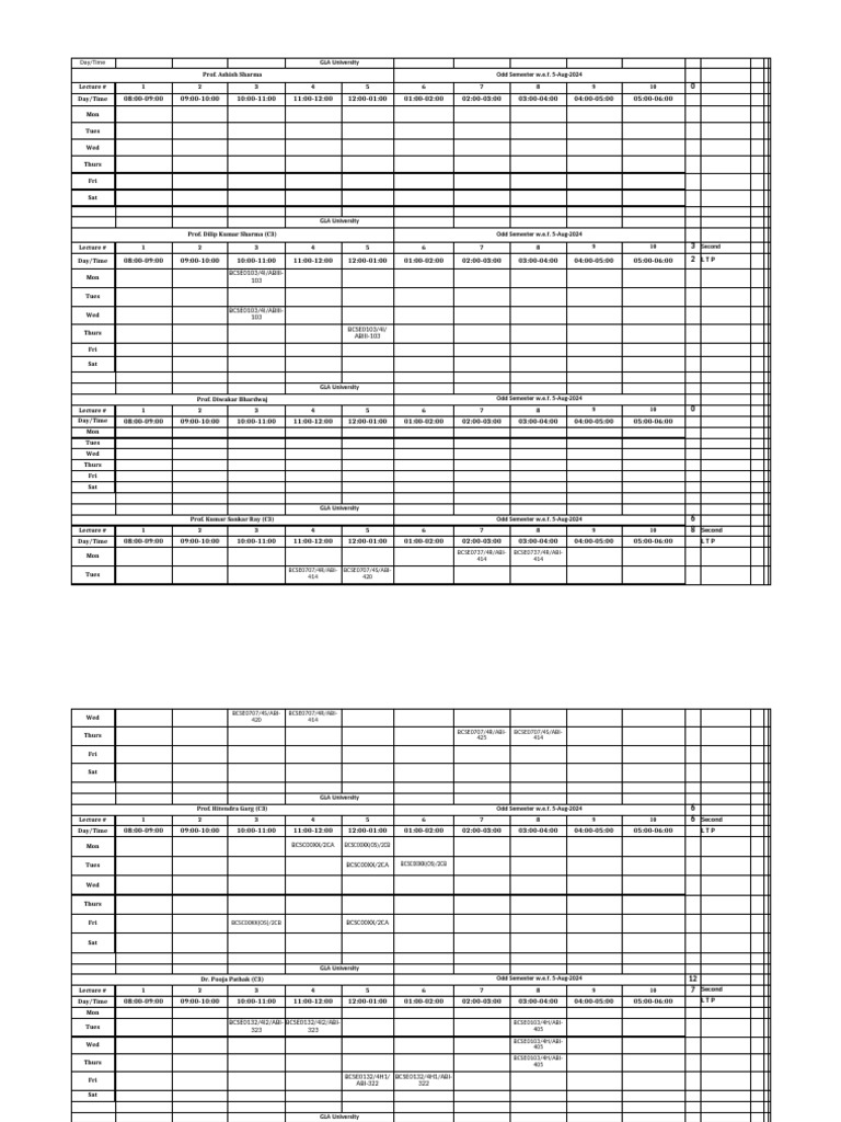 Odd Sem Faculty & Class Time Table 2024-25 | PDF