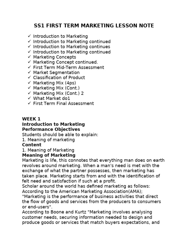 SS1 Marketing IST TERM Note | PDF | Marketing | Market Segmentation