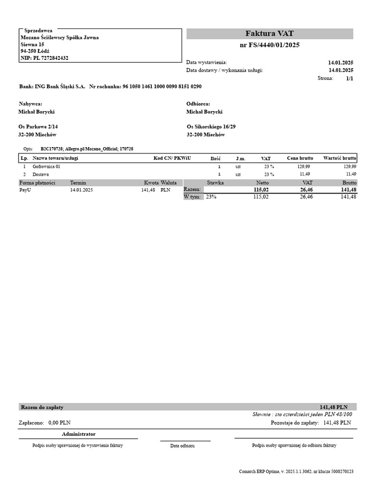 Faktura VAT: NR FS/4440/01/2025 | PDF