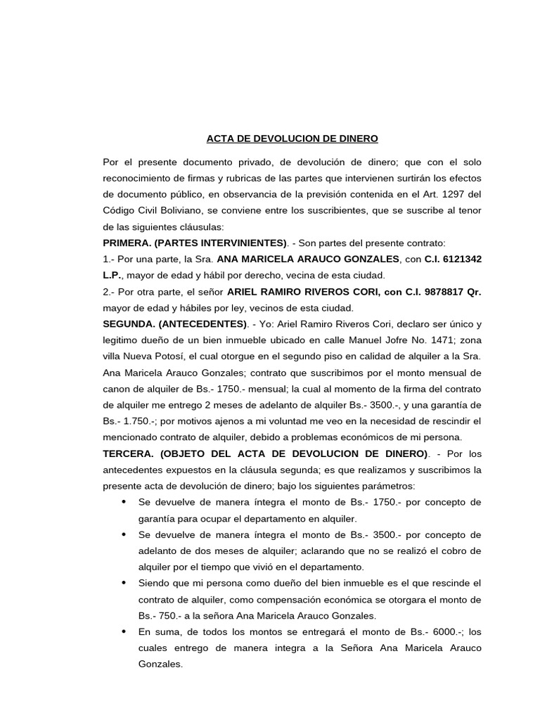 ACTA DE DEVOLUCION DE DINERO | PDF