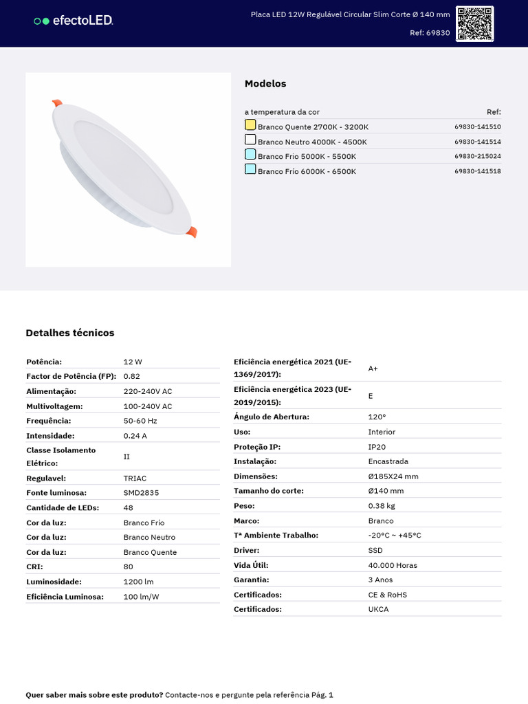 Placa LED 12W Regulável Circular Slim Corte Ø 140 MM | PDF | Diodo ...