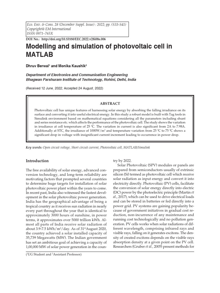 Modelling and Simulation of Photovoltaic Cell in MATLAB | PDF | Photovoltaics | Solar Panel