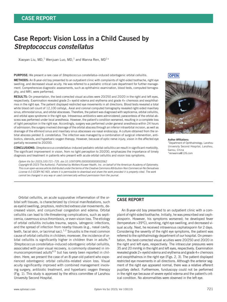 Case Report Vision Loss in A Child Caused by Streptococcus Constellatus ...