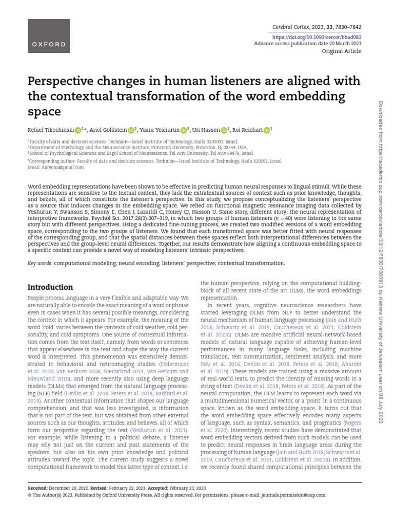 Perspective Chnages in Human Listeners Tikochinski 2023 - 0 | PDF ...