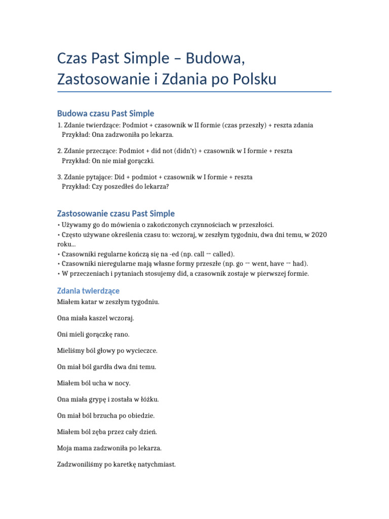 Past Simple Polskie Zdania | PDF