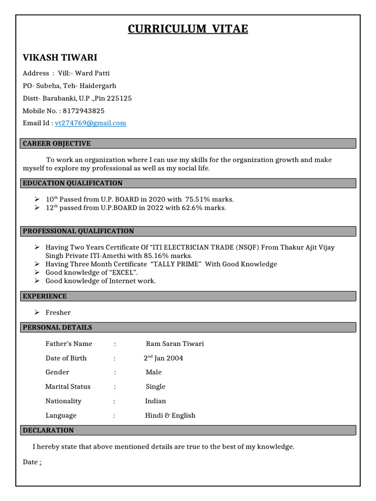 ITI Electrician Fresher Resume | PDF
