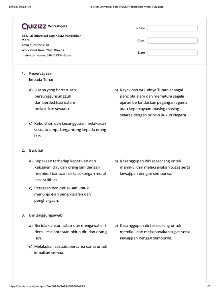 18 Nilai Moral Universal KSSM | PDF
