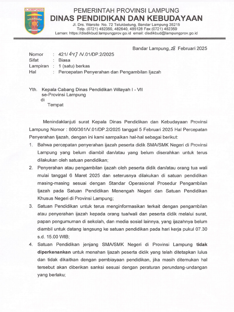 Surat Percepatan Penyerahan & Pengambilan Ijazah-Jilid 2 | PDF