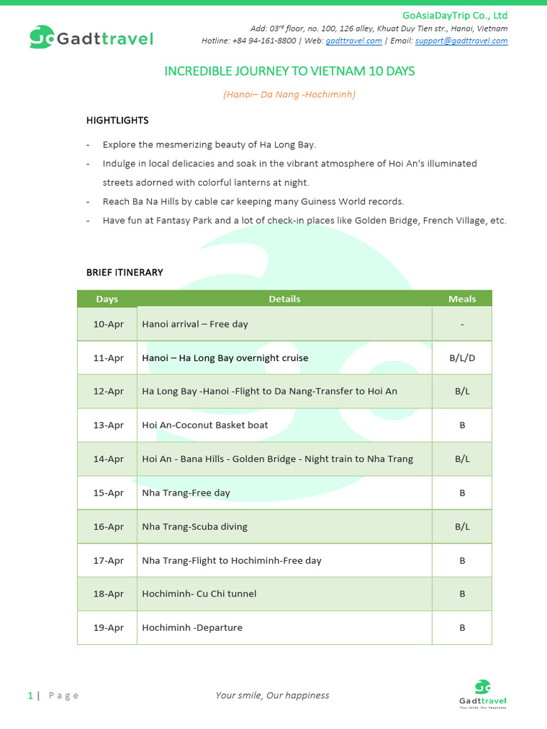 Incredible Journey To Vietnam HN-DN-HCM 10d | PDF | Meal | Underwater Diving