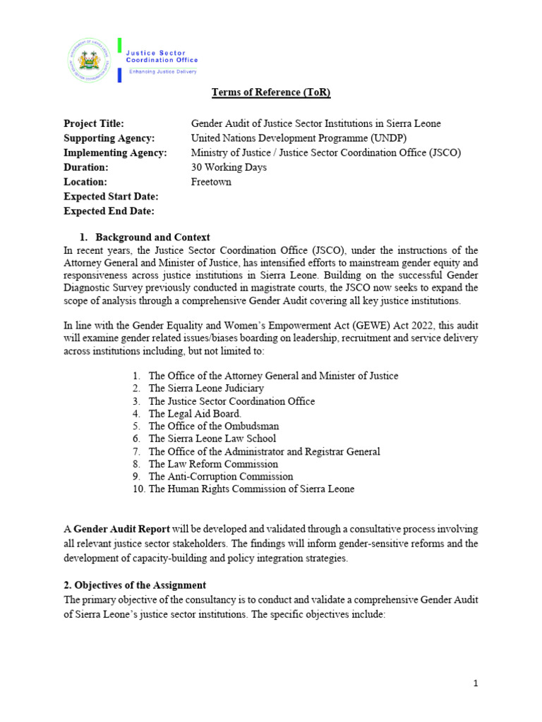 Gender Audit of Sierra Leone Justice Sector | PDF | Methodology | Audit