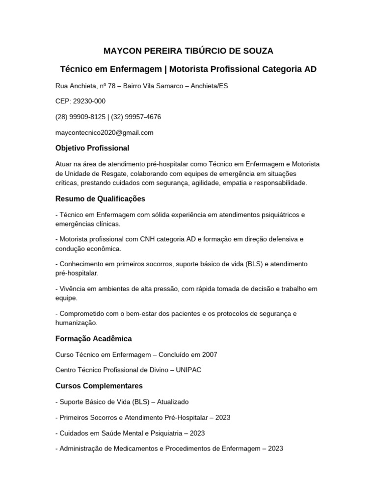 Curriculo Maycon SAMU Revisado | PDF | Psiquiatria | Enfermagem