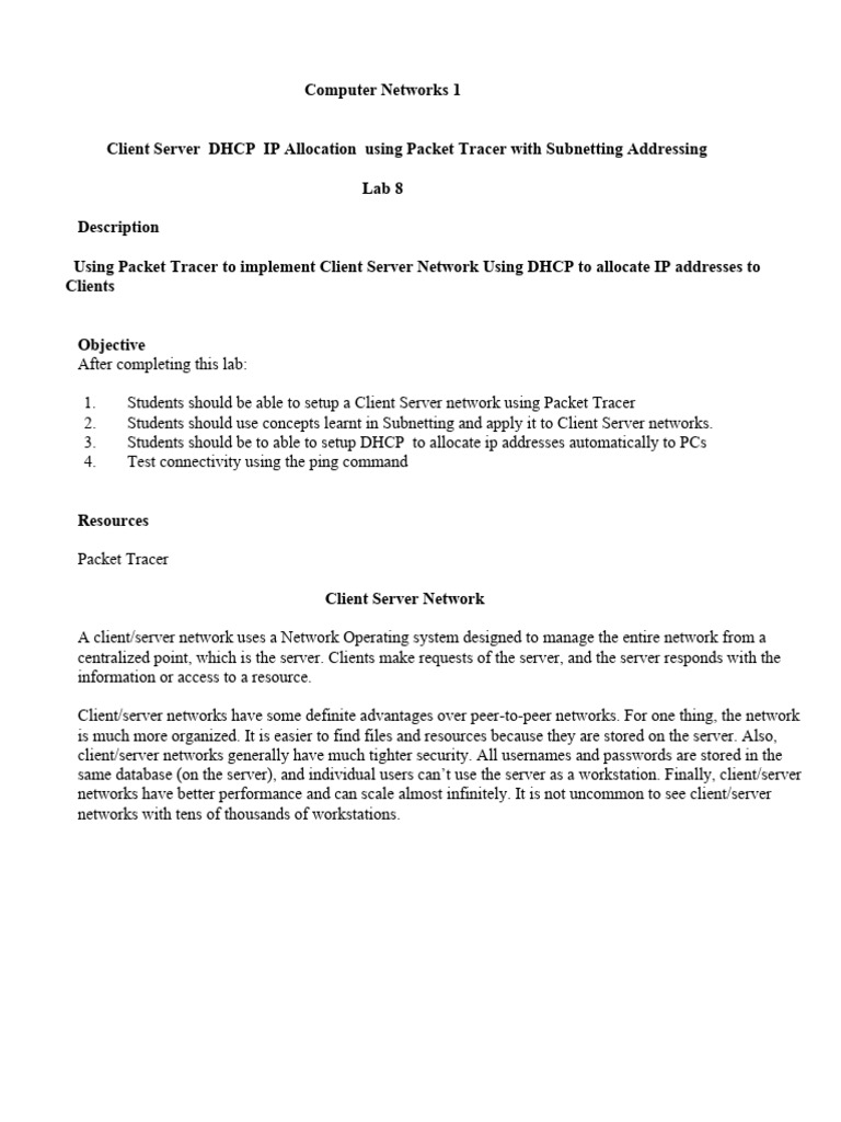 Week 9 - Client Server DHCP IP Allocation Using Packet Tracer With Subnetting Addressing Lab 8 ...