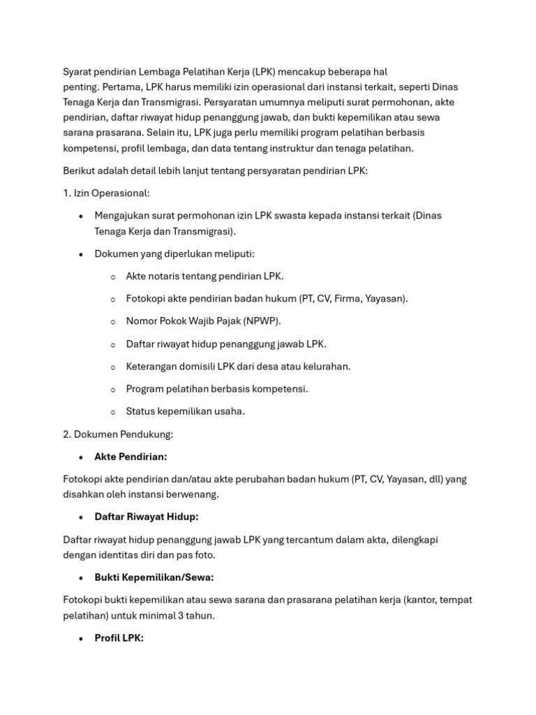 Syarat Pendirian Lembaga Pelatihan Kerja | PDF