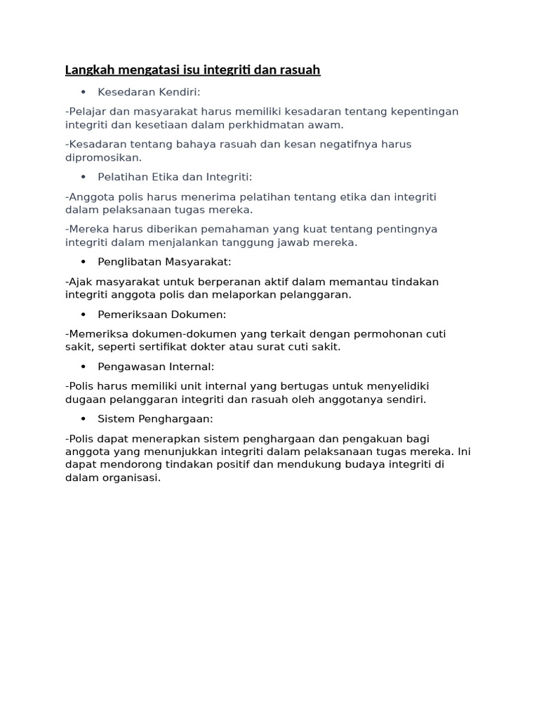 Langkah Mengatasi Isu Integriti Dan Rasuah | PDF