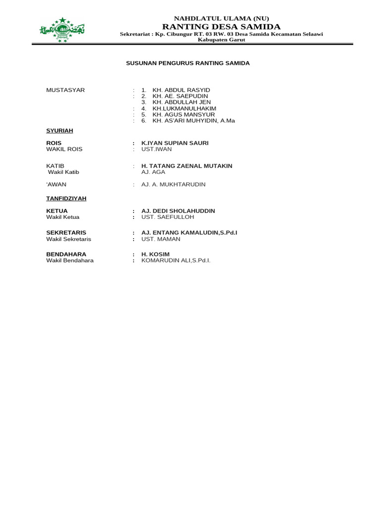Susunan Pengurus Ranting Samida | PDF