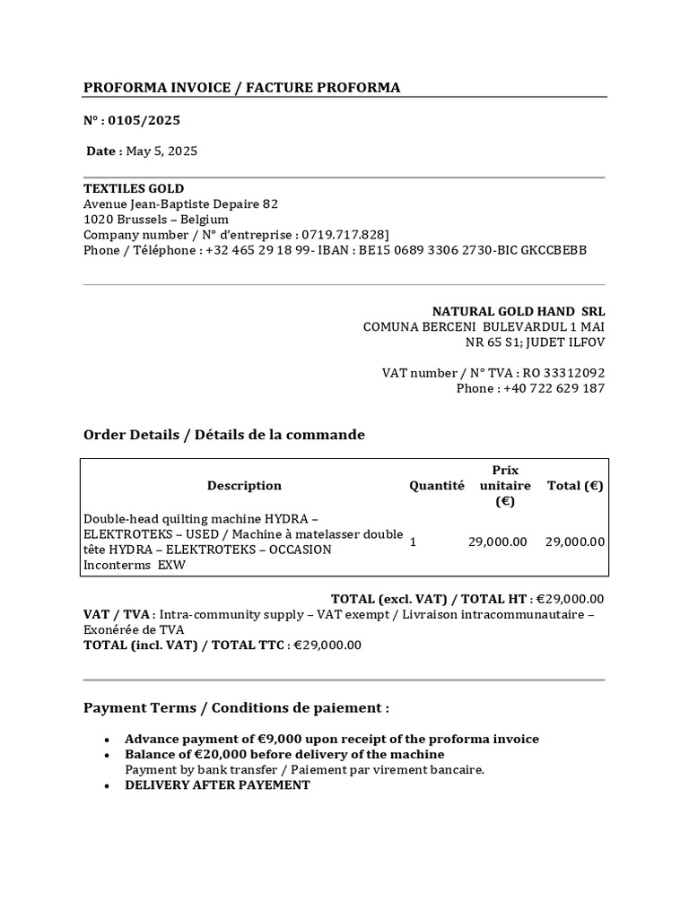 Proforma Invoice 001-052025 | PDF