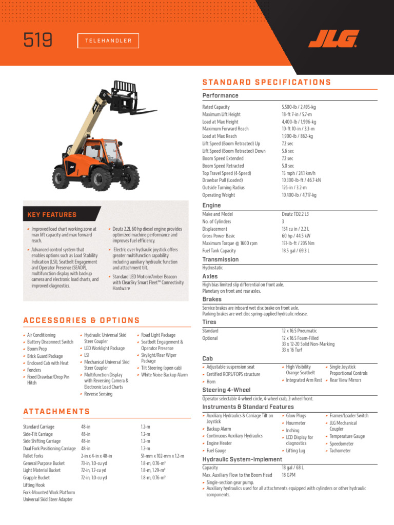 519 Telehandler Spec Sheet | PDF | Horsepower | Engines
