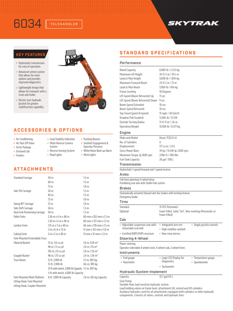 6034 Telehandler Spec Sheet | PDF | Truck | Vehicles