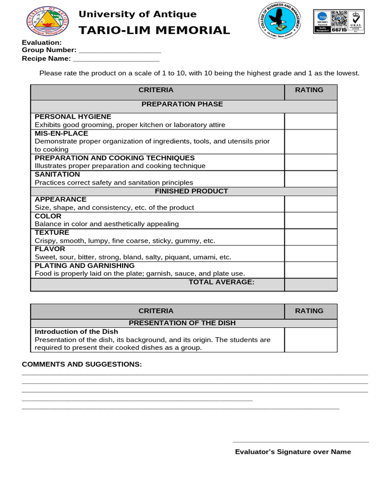 Laboratory Rating Sheet Pdf