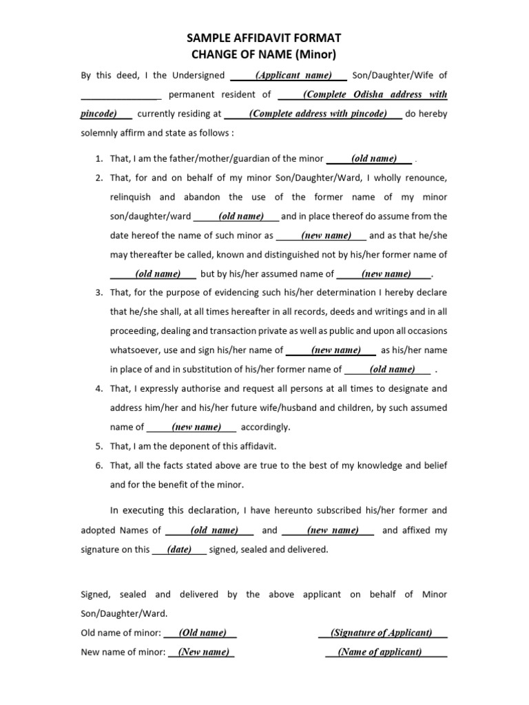 Minor Name Change Affidavit Format | PDF