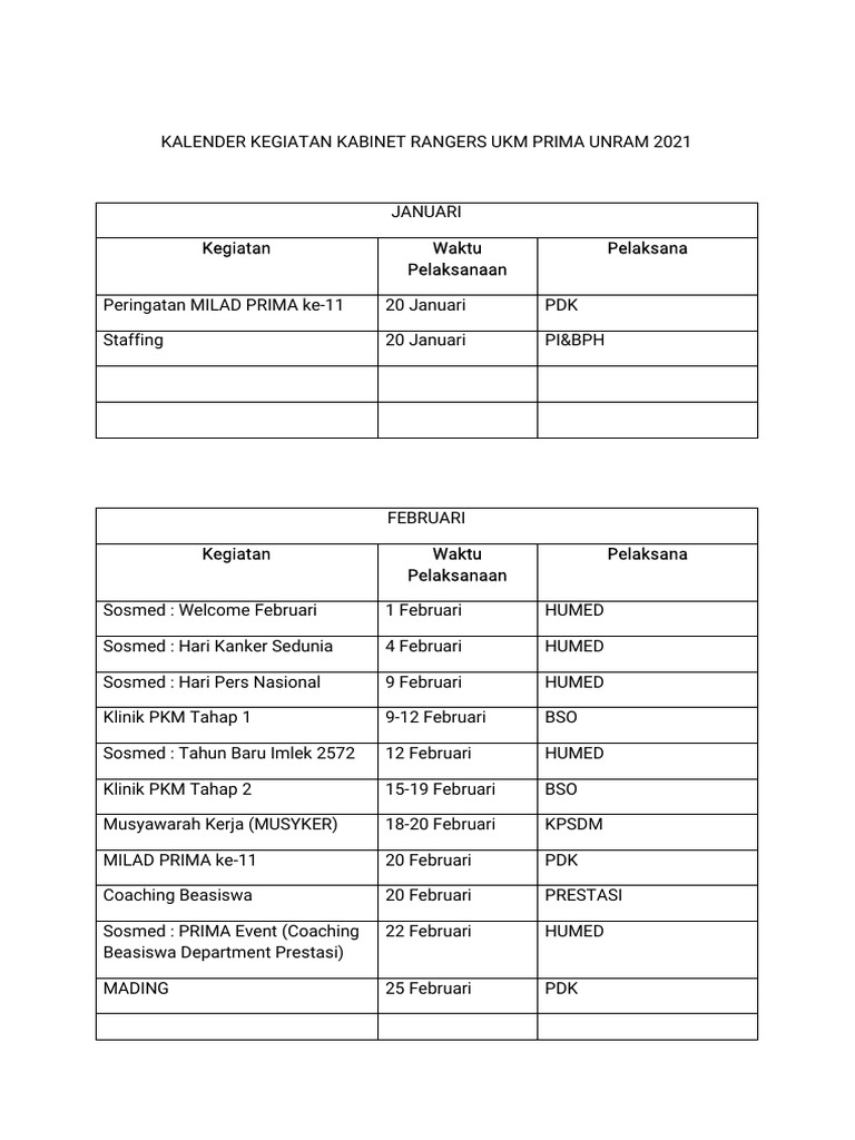 Kalender Kegiatan Kabinet Rangers Ukm Prima Unram 2021 | PDF