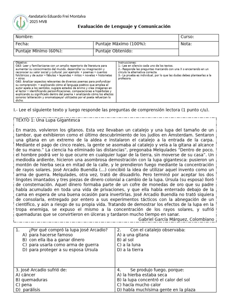 Prueba Lenguaje 6 Unidad 1 | PDF | Poesía