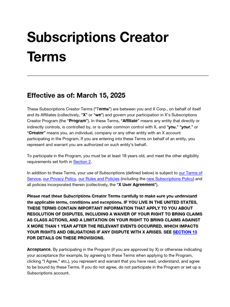 X Subscriptions Creator Terms 2025-03-15 | PDF | Indemnity | Subscription Business Model