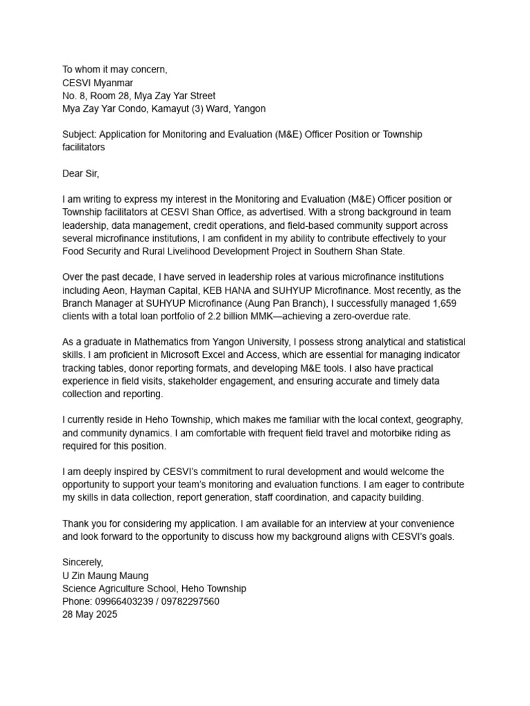 CESVI Myanmar Cover Letter | PDF