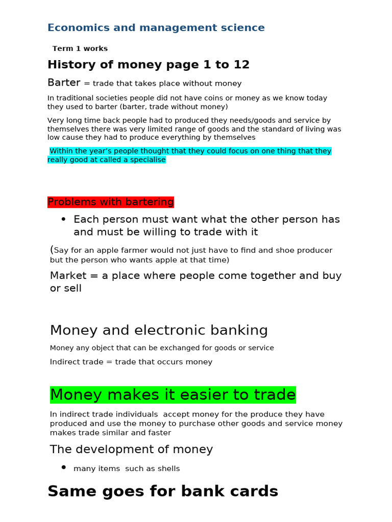 Economics and Mangement Science Term 1 Work LILY | PDF