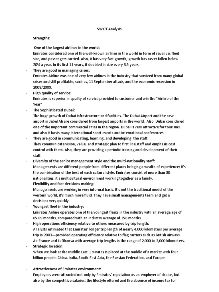 Emirates Airlines SWOT Analysis Insights | PDF | Emirates (Airline ...