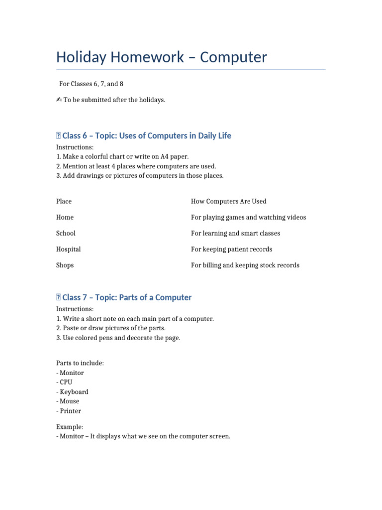 Holiday Homework Computer Class 6 7 8 | PDF