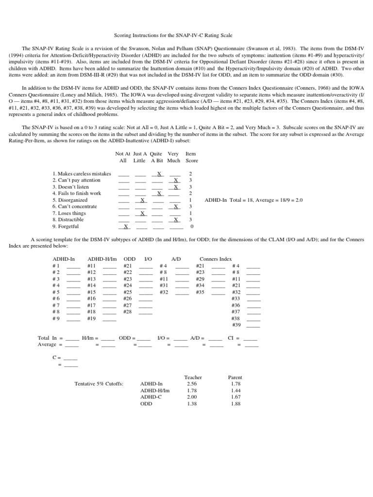 Snap IV Instructions | Diagnostic And Statistical Manual Of Mental ...