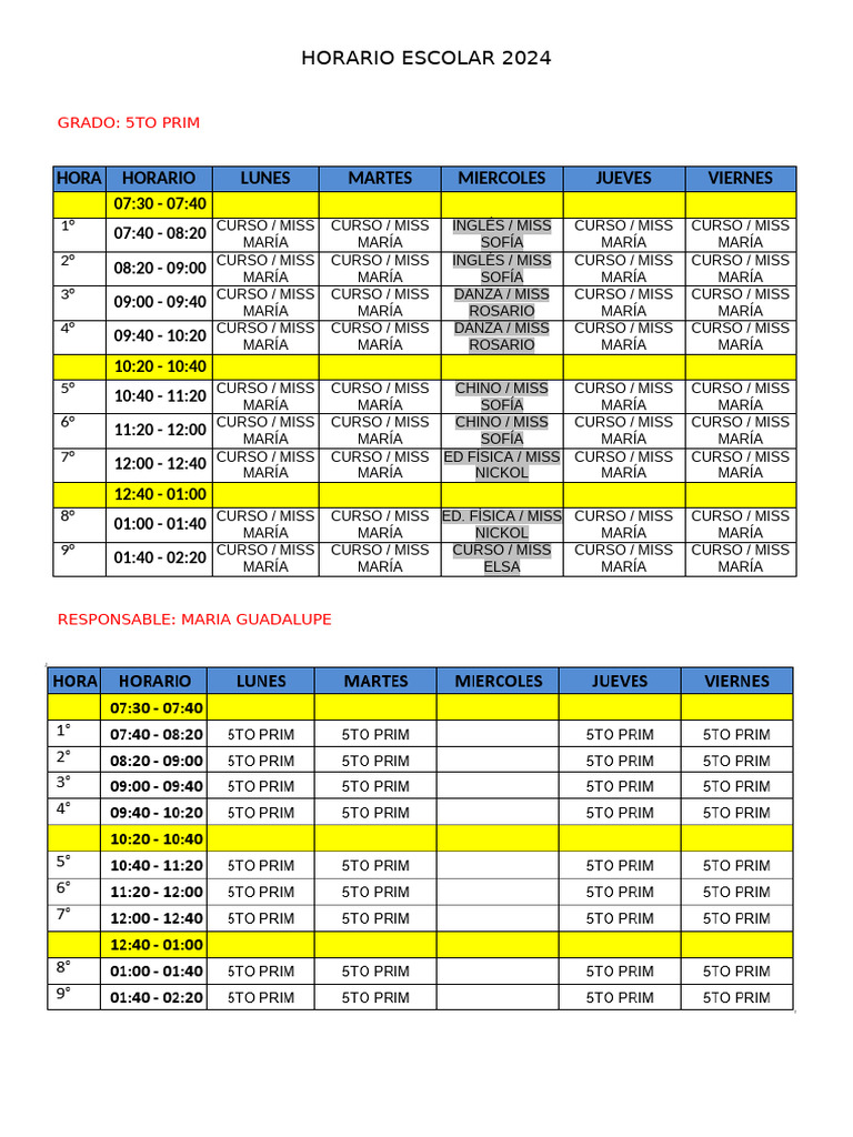 Horario Escolar 5to Primaria 2024 | PDF