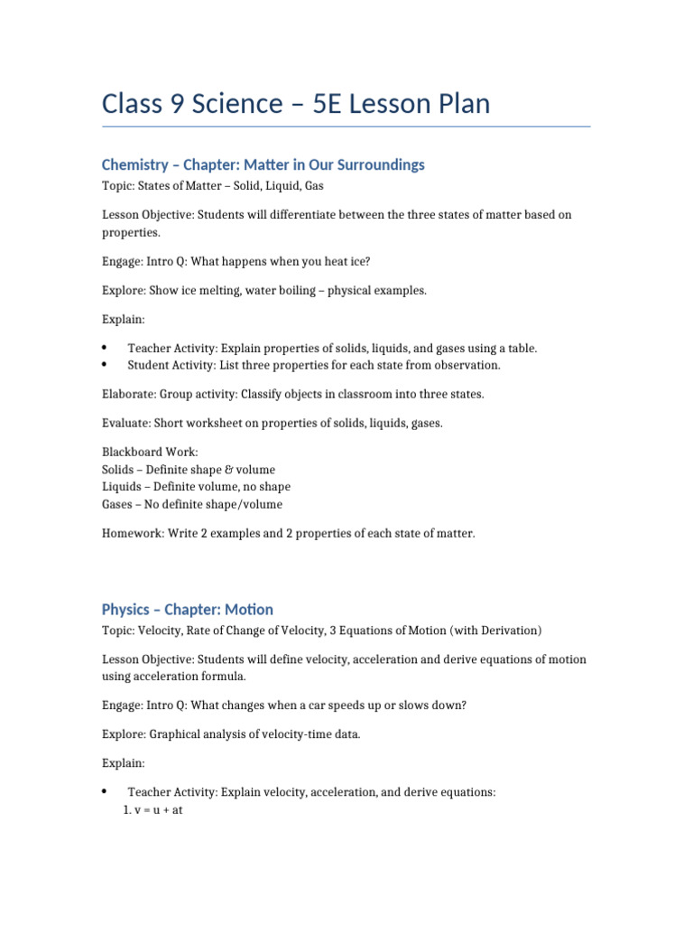 Class 9 Science 5E Lesson Plan | PDF