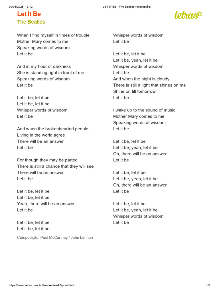 Let It Be Lyrics PDF | PDF | Rock Songs | John Lennon