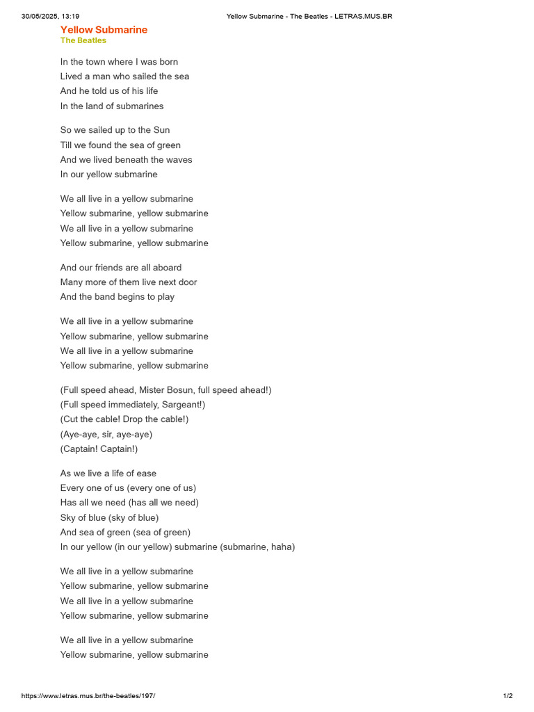 Yellow Submarine Lyrics by The Beatles | PDF