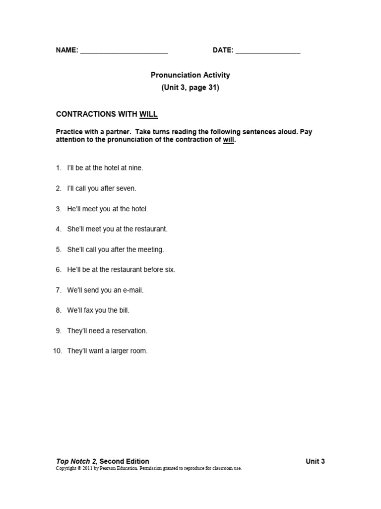 Contractions with Will: Pronunciation Practice | PDF