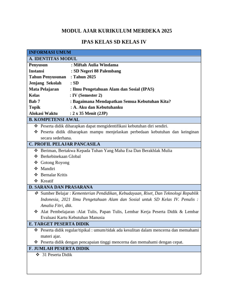 Modul IPAS Kelas IV: Kebutuhan dan Keinginan | PDF
