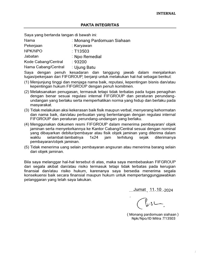 Pakta Integritas - Internal (1) - Terkompresi | PDF